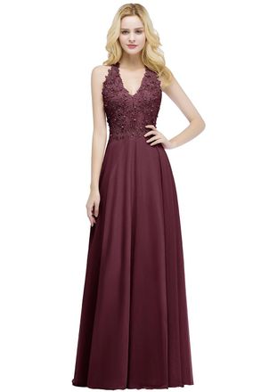 MisShow Misshow Cocktailkleid, lang, schick, für Hochzeit, mit Trägern, elegantes Damenkleid, bordeaux, 44