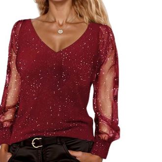 Generic T Shirt Femme Spark Strass en Maille Transparente &Agrave; Sequins, Crop Top Slim Col V, Tunique Manches Longues Transparente en Maille Stretch, Blouse Sexy 