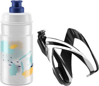 Elite KIT CEO Flaschenhalter Schwarz Gl&auml;nzend + Jet 350 Trinkflasche Transparent Blaues Logo - BPA-frei - Fahrrad Rennrad MTB - Leicht Stabil Sportflasche