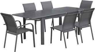 Sweeek Table de jardin extensible aluminium + 6 assises anthracite. 4 chaises. 2 fauteuils. 6 places. textil&egrave;ne