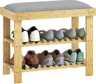 HOMCOM Bambus-Schuhbank Schuhablage mit gepolsterter Sitzfläche 2 Ablagen für 6 Paar Schuhe für Eingangshalle Schlafzimmer 60x29x49 cm Natur & Grau