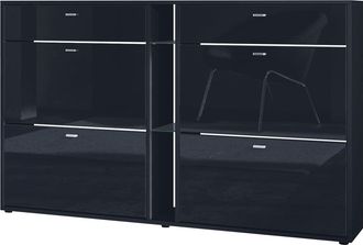 Vladon Schuhschrank Schuhkipper Today 155,5 x 95 x 28 cm, Made in Germany, Korpus in Schwarz matt, Fronten in Schwarz Hochglanz