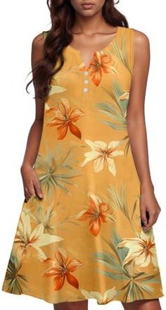 Generic Robes boh&egrave;me 2026 pour femmes, robe d&eacute;t&eacute; 2024 taille haute fronc&eacute;e avec poches d&eacute;bardeur, jaune, XXL