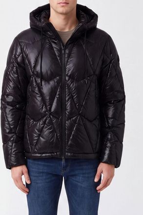 Moose Knuckles Kurze Daunenjacke aus gestepptem Nylon mit Kapuze und Logo-Patch