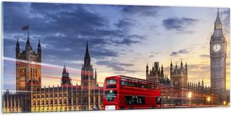 Arttor Wandbilder Dekoration Wohnzimmer London Bus Panorama Bilder auf Glas 120x50cm Glasbild Schlafzimmer Küche Wand Kunstdruck Art Groß Wanddeko Bild im Gl