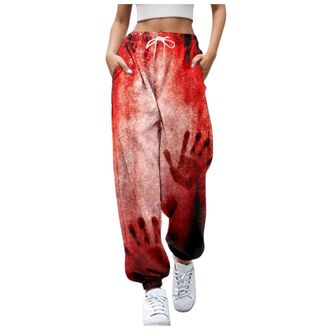 Generic Halloween Damen Jogginghose mit Blutig Bedruckt Baggy Blut Sporthosen mit Taschen Lang Horror Hosen High Waist Gruselig Freizeithosen mit Kordelzug Lo