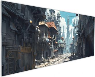 Wallario K&uuml;chenr&uuml;ckwand aus Glas 125 x 50 cm, Motiv: Verlassene Zukunftsstadt | Spritzschutz abwischbar & pflegeleicht