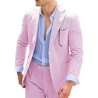 Generic Ensemble de costume fin en seersucker ray&eacute; pour homme - Tenue d&eacute;t&eacute; pour la plage et le mariage - 2 pi&egrave;ces - Costume classique &agrave; ventouse, rose, XXL
