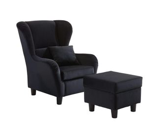 Lifestyle4Living Moderner Ohrensessel mit Hocker - Gro&szlig;e Auswahl an Stoffen und Farben - Gem&uuml;tlicher Designer-Sessel im eleganten Landhaus-Stil, Samtschwarz