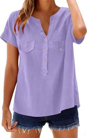 Generic T-shirt en gaze pour femme - Col Henley boutonn&eacute; - Manches courtes - Couleur unie - Chemisier d&eacute;contract&eacute; tendance - Col en V - Coupe ample avec deux 