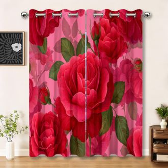 Generic Vorh&auml;nge Blickdicht 2er Set H240&times;B132 cm - Aquarell Romantik Rosen Elegant Motiv, Rosa Rot Gardinen Weiche Thermovorh&auml;nge mit &Ouml;sen, K&auml;lteschutz Winter