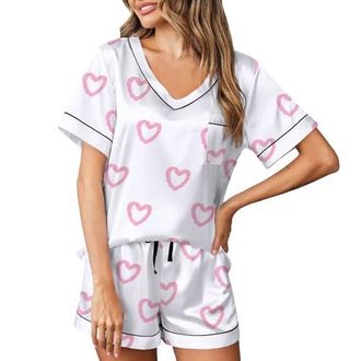 Generic Ensemble de pyjama en soie pour femmes pour la Saint-Valentin 2026 - Ensemble de pyjama pour caraco en satin, lingerie à col en V et short de voyage (