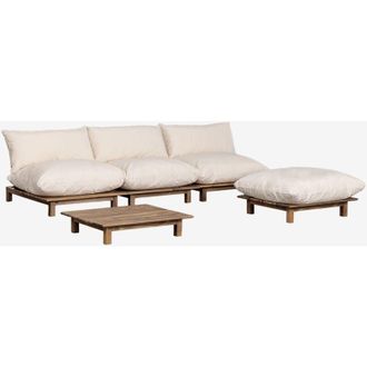 Sklum Gartenset mit 3-teiligem modularen Liegesofa f&uuml;r den Garten mit Couchtisch und Pouf aus Brina-Akazienholz Creme-Beige - Sklum