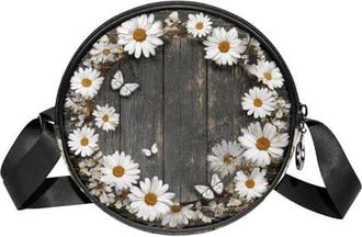 Generic Sac &agrave; bandouli&egrave;re circulaire pour femme, motif couronne en bois, petit sac &agrave; bandouli&egrave;re avec fermeture &eacute;clair, bretelles r&eacute;glables, sac &agrave; main rond d