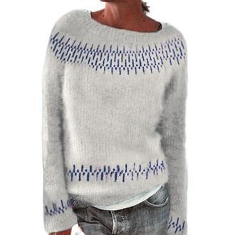 Generic Pull Norv&eacute;gien Femme Grande Taille, Pull Femme Hiver Norv&eacute;gien, Chaud Pullover Col Rond pour Femme Mohair, Pull Jacquard sans Capuche, Sweater Oversiz