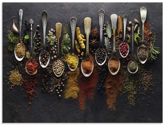 Artland ARTland Wanddeko Glasbilder Wandbild Glas Bild einteilig 80x60 cm Querformat Küchenbilder Gewürze Schiefer Kräuter Chili Essen Bunt U1UJ