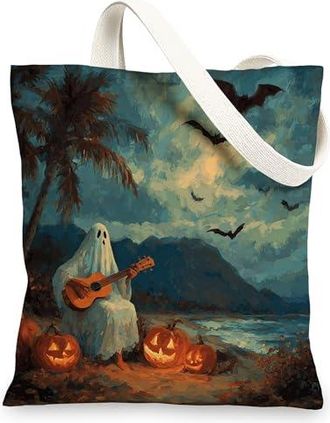 Generic Sacs fourre-tout en toile dHalloween, motif fantôme et citrouille, sacs dépicerie réutilisables, sacs vintage légers et lavables à bandoulière, multic