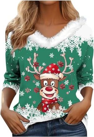 Generic Sweat-shirt de Noël pour femme - Haut en fourrure - Col en V - Manches 3/4 - Motif arbre de Noël - Renne - Imprimé graphique - Pull de vacances décont