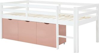 Vente-Unique Halbhohes Bett 90 x 190 cm - Mit Stauraum - Kiefer & MDF - Wei&szlig;/Rosa - LANIORI