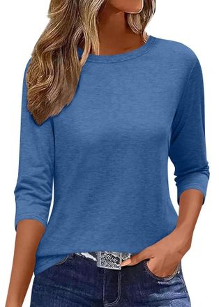 Minetom Tshirt Damen Shirt 3/4 Arm Tshirt Sommer Pullover Basic Tops Casual Oberteile Rundhals Shirt A Dunkelblau XXL