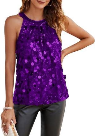 Grace Karin Camisole à Grosses Paillettes Col Rond élégant pour Femmes en Mousseline de Soie Chemise Décontractée Party Hauts sans Manches Violet S