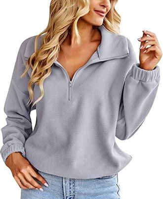 Generic Vestes pour femmes 2026 - Pull &agrave; manches longues avec fermeture &eacute;clair quart de couleur unie, gris, M