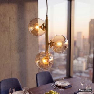 Loistaa home24 Pendelleuchte 3-flammig 25 x 150 x 23cm Gold/Metall Gold gl&auml;nzend/Glas Bernsteinfarben Material: Glas, Metall LED G9