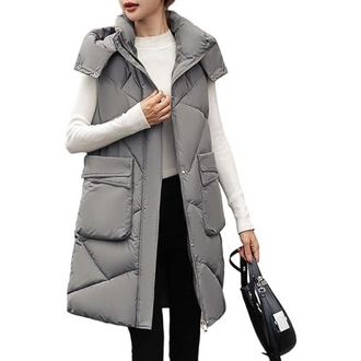 Generic Doudoune sans manches &agrave; capuche pour femme, chaude et matelass&eacute;e, avec fermeture &eacute;clair. Doudoune longue sans manches grise avec poches, taille XXL