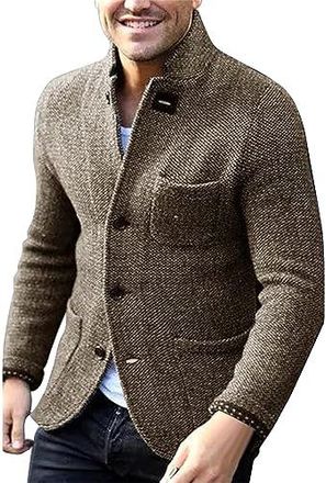 Generic Cardigan &agrave; col ch&acirc;le pour homme en tweed &agrave; chevrons - Blazer de style britannique - Coupe r&eacute;guli&egrave;re - Manches longues - Doux au toucher - Pull en tric