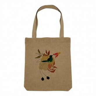 Fabulous Sac Shopping Tote Bag Aspect Lin - Colibri Fleurs Tropical Exotique Jungle Amazonnie - Sac de Courses Toile Epaisse 360g Beige Naturel Cabas Port&eacute; Epa