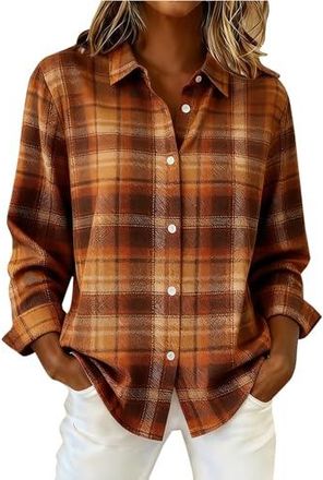 Generic Chemisier &agrave; carreaux pour femme - Col &agrave; manches longues - D&eacute;contract&eacute; - Tendance - Coupe ample - Chemisier &agrave; manches longues - Chemisier pour femme - 