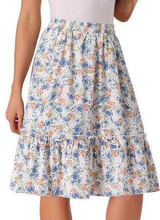 Allegra K Jupe Femme dété à Fleurie et à Volants en Mousseline de Soie Jupe Mi-Longue Trapèze Fluide Bleu Blanc S