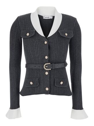 Self Portrait Ribbed Knit with Pearl Buttons Cardigan - Gray