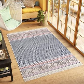 Tapiso Azteca Tapis en Coton &agrave; Franges Lavable R&eacute;versible Moderne Bleu Beige Marron Marocain Tapis Salon Chambre Petit Tapis Tapis de Passage Oeko-TEX 140 x 