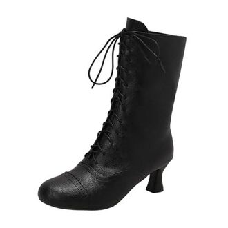 Generic Bottes &agrave; lacets pour femme - Bout rond - &Eacute;l&eacute;gantes - Style r&eacute;tro - Couleur unie - Similicuir - Confortables - Pour le bureau et les f&ecirc;tes, Noir, 38.5 