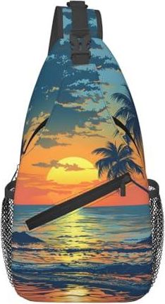 Generic Sacoche Tactique Imprim&eacute; de palmiers de plage Antivol Sacs Poitrine Polyester Crossbody Bag pour Femme Homme Randonn&eacute;e