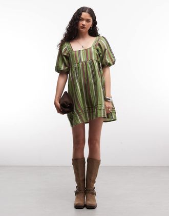 Reclaimed Vintage Robe babydoll en lin m&eacute;lang&eacute; &agrave; rayures - Vert