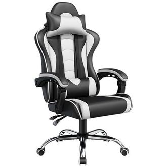 Yaheetech Chaise Gaming Massante Ergonomique Fauteuil Gamer Dossier avec Lombaire et Appui-t&ecirc;te Hauteur R&eacute;glable Similicuir Charge 136kg Noir Blanc
