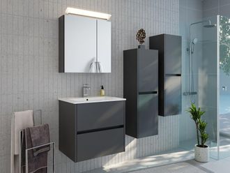 Magnolia Home Badm&ouml;belset Taifun 60cm 4tlg mit Spiegelschrank & 2X Seitenschrank Farbe Grafit