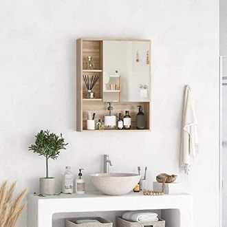 HOMCOM Armoire Murale avec Miroir pour Salle de Bain Meuble de Rangement Suspendu Couleur Bois de chêne dim. 60L x 15l x H76 cm