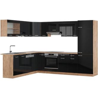 Vicco Eckk&uuml;che R-Line, Schwarz Hochglanz/Goldkraft Eiche, 227 x 287 cm, ap Eiche