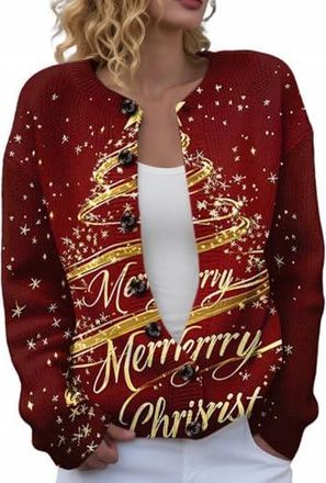 Generic Cardigan de Noël amusant pour femme avec motif sapin de Noël boutonné ouvert sur le devant, Za-Wine, XL
