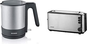 Severin Wasserkocher, edelstahl/schwarz, WK 3409 & Automatik-Langschlitztoaster, Automatik-Toaster mit Brötchenaufsatz, Auftauen und Erwärmen, 1.000 W, Edelst