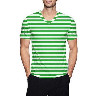 Generic T-shirt de sport &agrave; rayures pour homme - Col en V - Imprim&eacute; &agrave; manches courtes, Vert, XXL