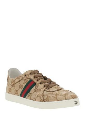 Gucci Womens Sneakers Stretch Beige Fabric And Leather Trainers
