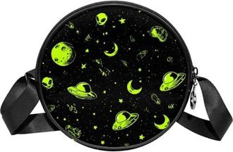 Generic Sac &agrave; bandouli&egrave;re rond pour femme, motif alien lune, vaisseau spatial, petit sac &agrave; dos &agrave; bandouli&egrave;re avec fermeture &eacute;clair, bretelles r&eacute;glables, sac &agrave;