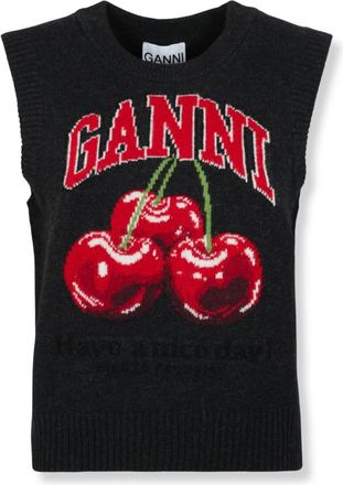 Ganni Femme, Pulls, Noir, Taille: 42 FR Graphic Wool Vest