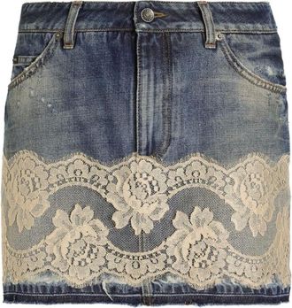 Dolce & Gabbana Femme, Jupes, Bleu, Taille: 36 FR Jupe en jean avec dentelle