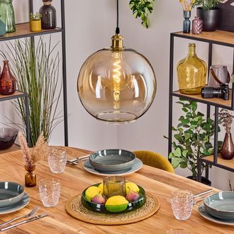 HOFSTEIN H&auml;ngeleuchte Koyoto, 1-flammige H&auml;ngelampe aus Metall/Glas in Gold/Bernstein/Klar, moderne Pendelleuchte im Retro/Vintage-Design (Schirm &Oslash; 30 cm), E27