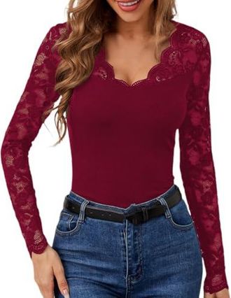 Generic Haut de sortie en dentelle pour femme - Haut &agrave; manches longues tendance - Pull d&eacute;contract&eacute; &agrave; manches longues - Coupe ajust&eacute;e - Confortable - Haut cour